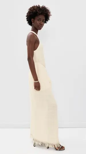 Nanushka Rayen Maxi Dress With Fringe And Leather Accents