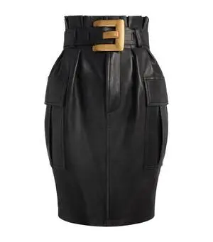 Balmain Lambskin Belted Midi Skirt - Black