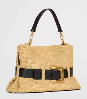 Balmain Faux-raffia Shoulder Bag With Belt Detail - Beige