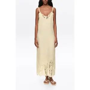 Bimba Y Lola Washed Linen Lace V-neck Midi Dress