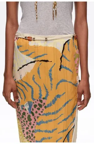 Bimba Y Lola Patchwork Linen Blend Sarong Midi Skirt With Beaded Cords