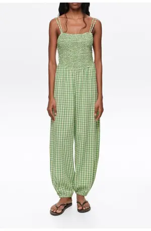 Bimba Y Lola Checked Gathered Balloon Jumpsuit - Green