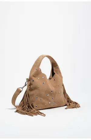 Bimba Y Lola Small Suede Handbag With Fringe And Studs - Natural