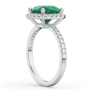 ALLUREZ Cushion Cut Halo Lab Emerald & Lab Diamond Engagement Ring In 14k White Gold