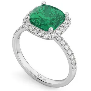 ALLUREZ Cushion Cut Halo Lab Emerald & Lab Diamond Engagement Ring In 14k White Gold