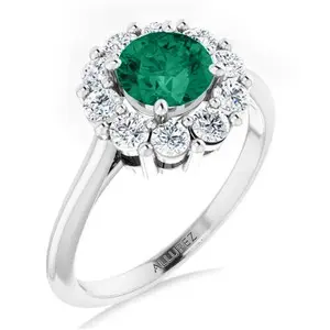 ALLUREZ Round Lab Emerald & Diamond Halo Ring 14k 1.28ct - Emerald/white Gold