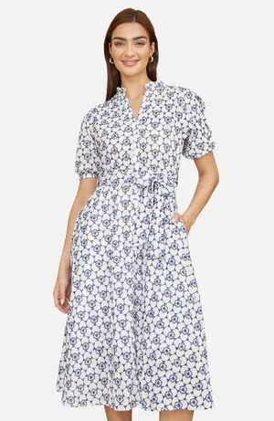 YUMI Broderie Anglaise Midi Shirt Dress - Cool White