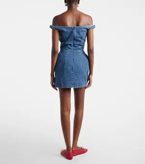Magda Butrym Off-shoulder Denim Dress With Floral Appliqu