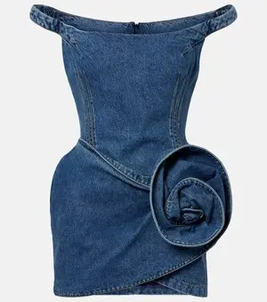 Magda Butrym Off-shoulder Denim Dress With Floral Appliqu - Blue