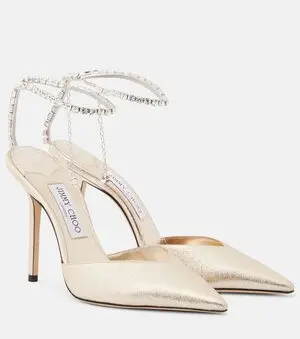 JIMMY CHOO Saeda Embellished Pointed Toe Pumps With Crystal Ankle Strap - Gold