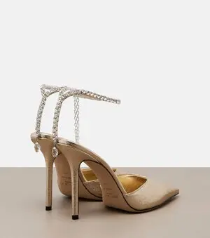 JIMMY CHOO Saeda Embellished Pointed Toe Pumps With Crystal Ankle Strap
