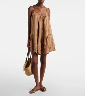 JULIET DUNN Embroidered Cotton Mini Dress - Beige