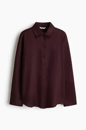 H&m Oversized Linen Shirt - Dark Brown