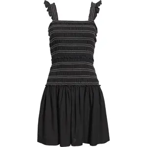 Treasure & Bond Ruffle Smocked Drop Waist Cotton Blend Minidress - Black