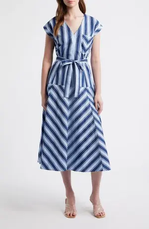 ZOE AND CLAIRE Stripe Tie Waist Maxi Dress - Blue Stripe