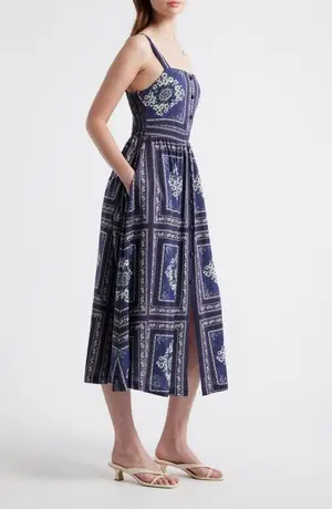 ZOE AND CLAIRE Sleeveless Printed Cotton & Linen Midi Dress