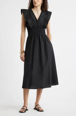 Nordstrom Flutter Sleeve Smocked Waist Midi Dress - Black