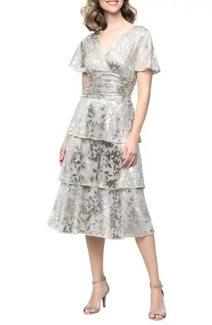 SL FASHIONS Metallic Layered Ruffle Cocktail Dress - Buff Metallic