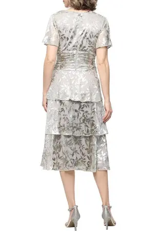 SL FASHIONS Metallic Layered Ruffle V-neck Dress