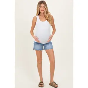 PINKBLUSH Distressed Frayed Hem Maternity Jean Shorts - Blue