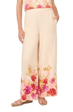 Halogen Wide Leg Floral Print Linen Blend Pants - Buttercream