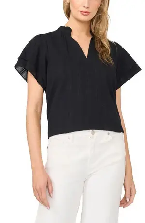 Halogen Ruffle Neck Flutter Sleeve Cotton Top - Rich Black