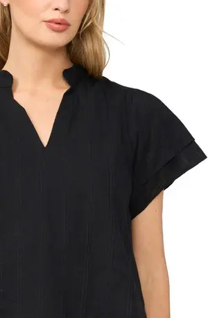 Halogen Ruffle Neck Flutter Sleeve Cotton Top - Rich Black