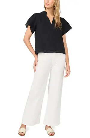 Halogen Ruffle Neck Flutter Sleeve Cotton Top - Rich Black