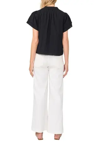 Halogen Ruffle Neck Flutter Sleeve Cotton Top - Rich Black