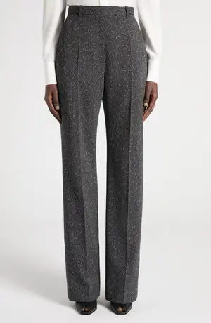 Alexander McQueen High Waist Wool Blend Slub Straight Leg Pants - Grey
