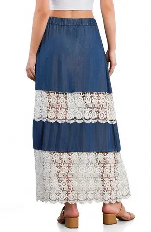 WASH LAB DENIM Lace Trim Maxi Skirt - Denim