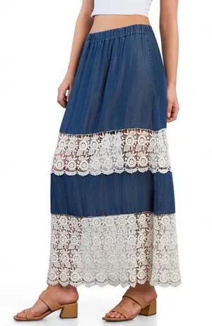 WASH LAB DENIM Lace Trim Maxi Skirt - Denim