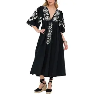 RAFFYA Arianna V-neck Embroidered Maxi Dress - Black