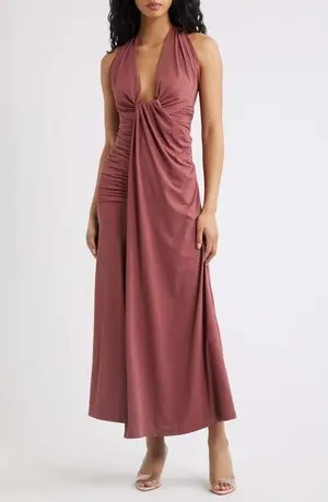 Bardot Ines Plunging Halter Neck Maxi Dress - Soft Rust