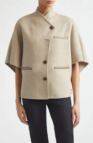 Max Mara Cashmere Cape With Leather Trim - Stone