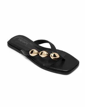 THERAPY AUSTRALIA Guise Square Toe Thong Sandal With Gold Embellishments - Black Smooth Pu