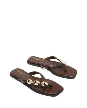 THERAPY AUSTRALIA Guise Square Toe Thong Sandal With Gold Embellishments - Chocolate Smooth Pu