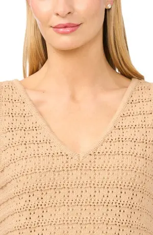 Halogen Openwork Sleeveless V-neck Sweater - Sesame
