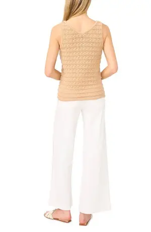 Halogen Openwork Sleeveless V-neck Sweater - Sesame