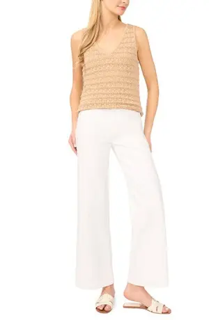 Halogen Openwork Sleeveless V-neck Sweater - Sesame