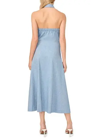 Halogen Button-up Cotton & Linen Blend Halter Shirtdress