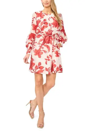 Halogen Floral Balloon Sleeve Dress - Lava Red