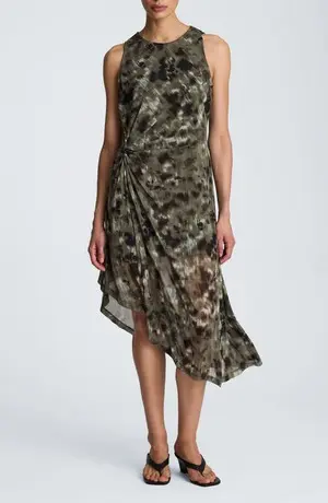 KENNETH COLE Print Sleeveless Asymmetric Midi Dress - Turtle Green Multi