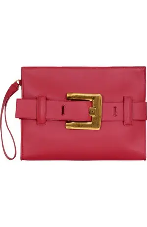 Balmain Anthem Leather Clutch With Gold Buckle - Red