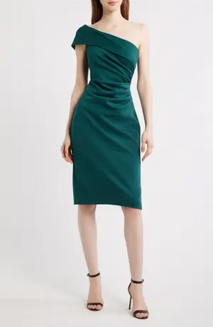 Eliza J One-shoulder Ruched Satin Cocktail Dress - Pine