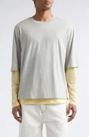 Ami De Coeur Embroidered Layered Long Sleeve Cotton T-shirt - Gris Chine Clair/jaune