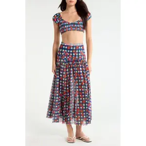 HUTCH Maeden Floral Cover-up Midi Skirt - Gingham Tomatoes Blue/green