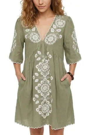 RAFFYA Arabella Embroidered V-neck Mini Dress - Sage Green