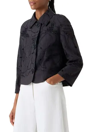 Akris Flower Eyelet Cotton Poplin Cropped Jacket