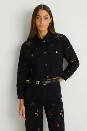 THE NOLI SHOP Kaia Pearl Embellished Denim Jacket - Black